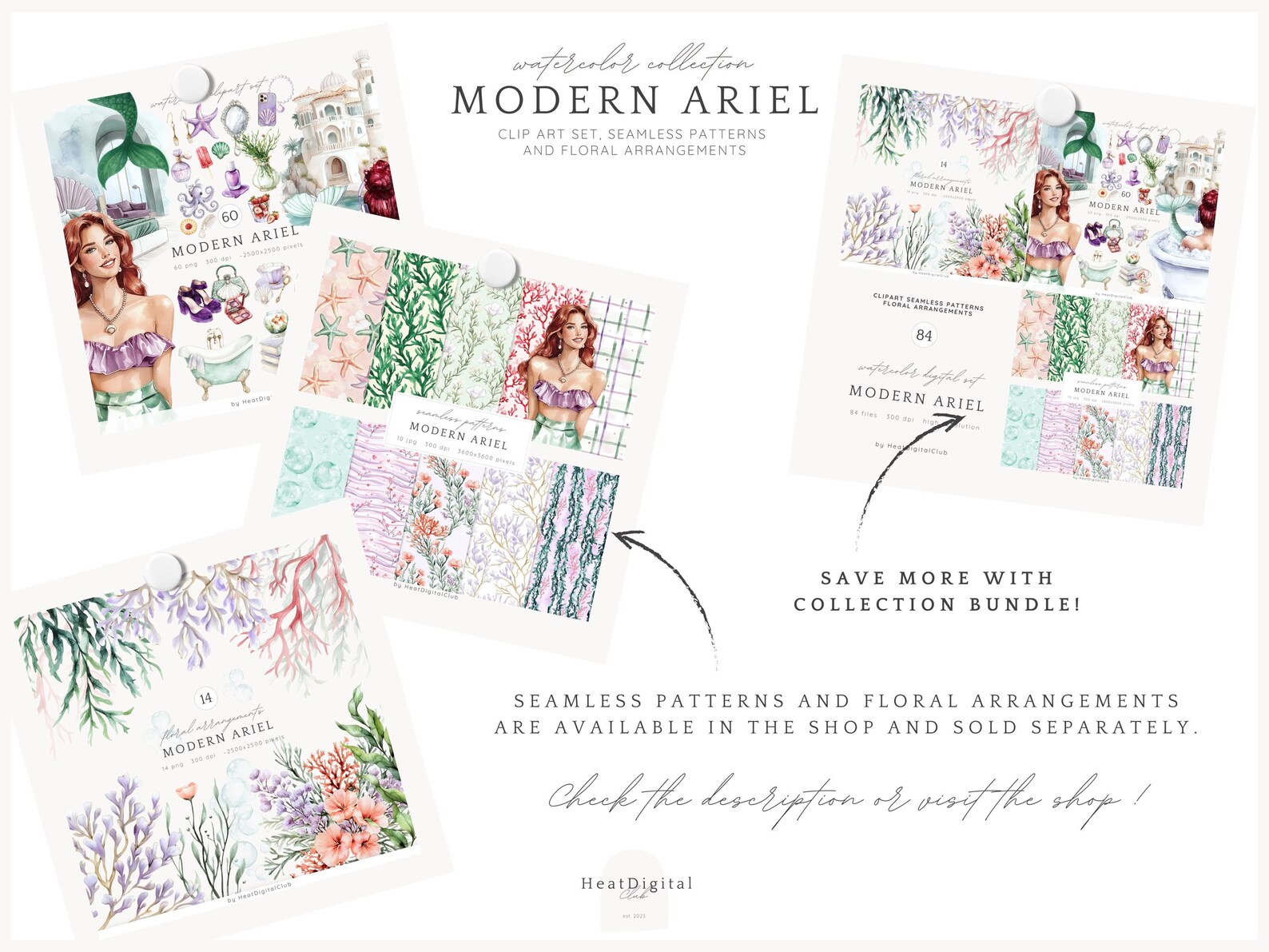 Watercolor Modern Ariel Clipart, Mermaid Clip Art, Ocean PNG, Ariel ...
