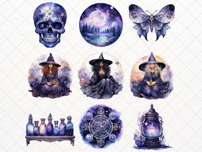 Watercolor Cosmic Witch Clipart Bundle, Celestial Magic Witch Clip Art ...