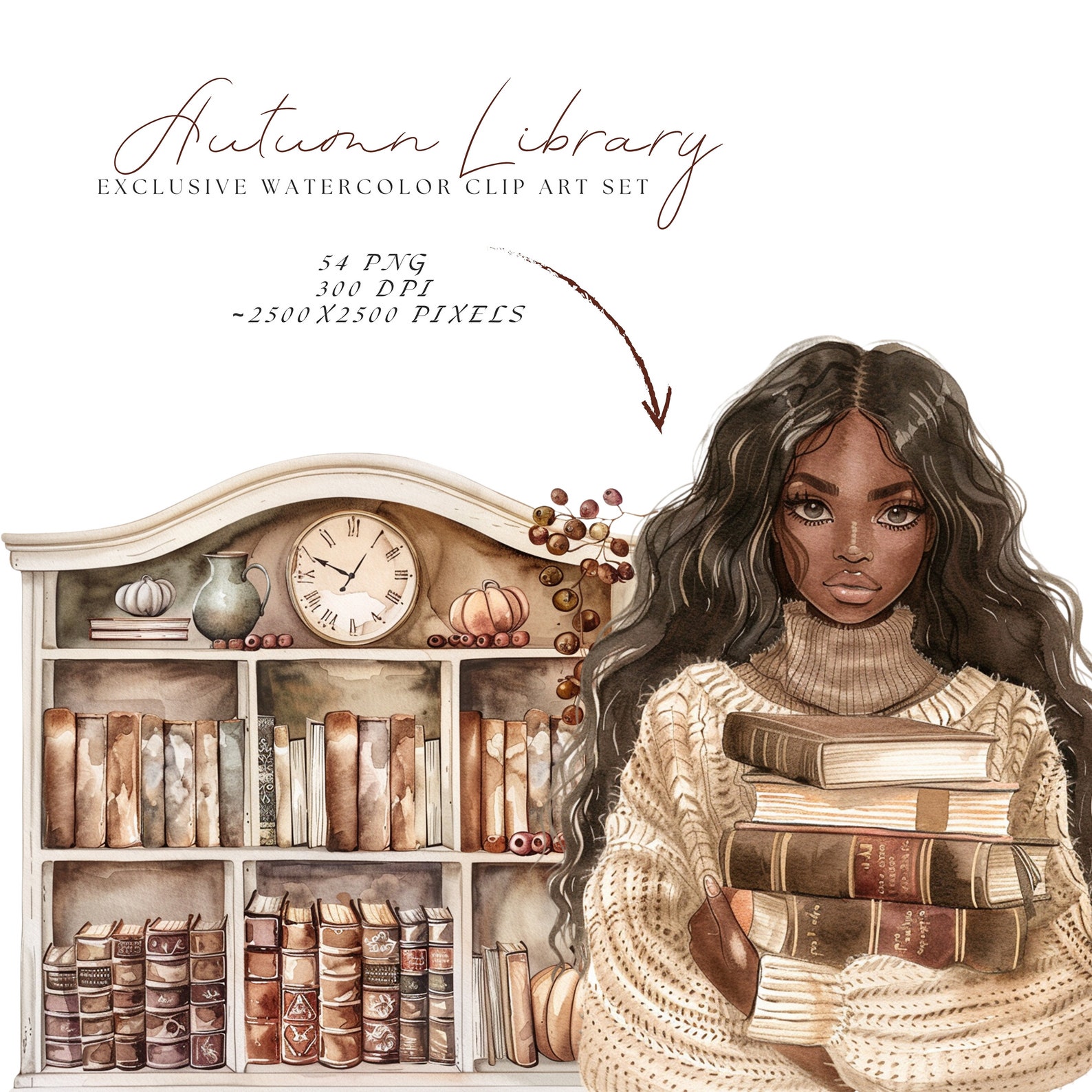 Watercolor Autumn Library Clipart Bundle, Fall Clipart PNG, Books ...