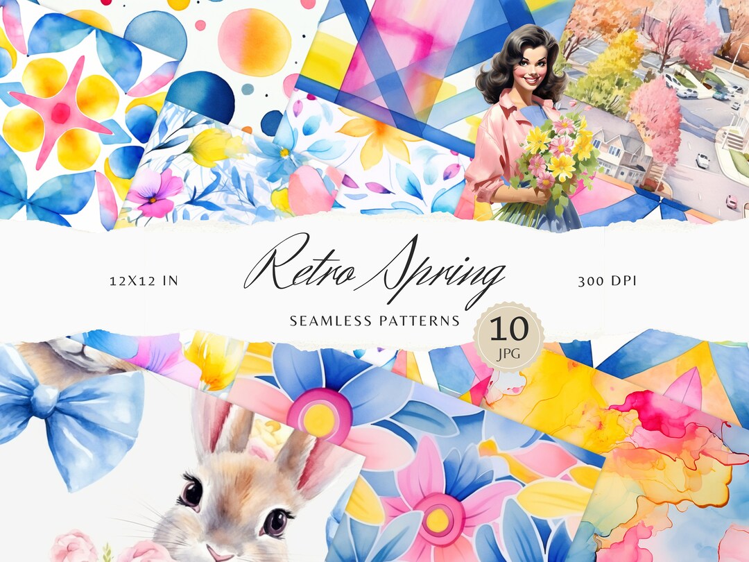 Watercolor Retro Spring Seamless Patterns, Floral Pattern JPEG, Spring Flowers Digital Download ...