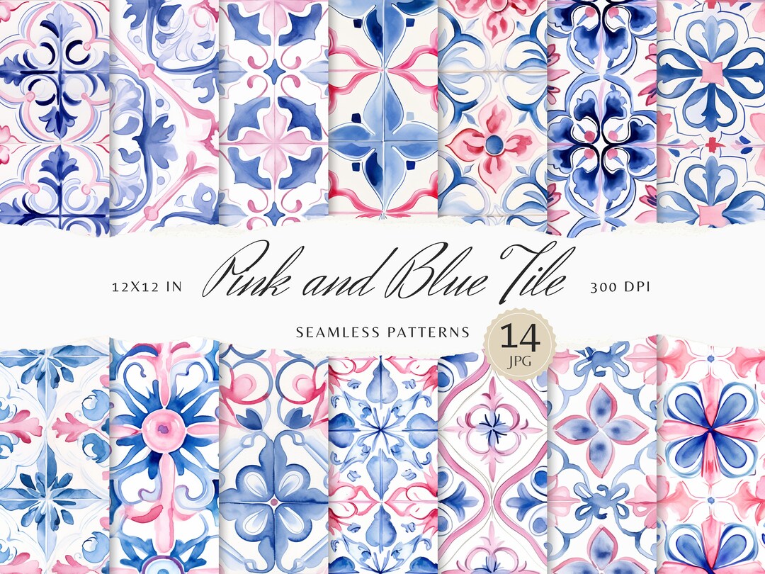 Pink and Blue Tile Seamless Patterns,watercolor Mediterranean Digital ...