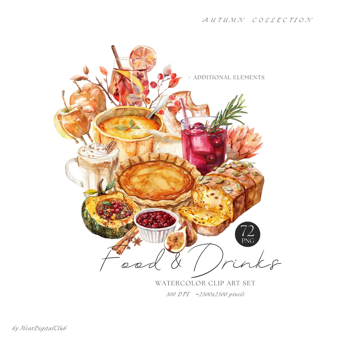 Watercolor Fall Food and Drinks Clipart, Autumn Desserts Clipart, Fall ...