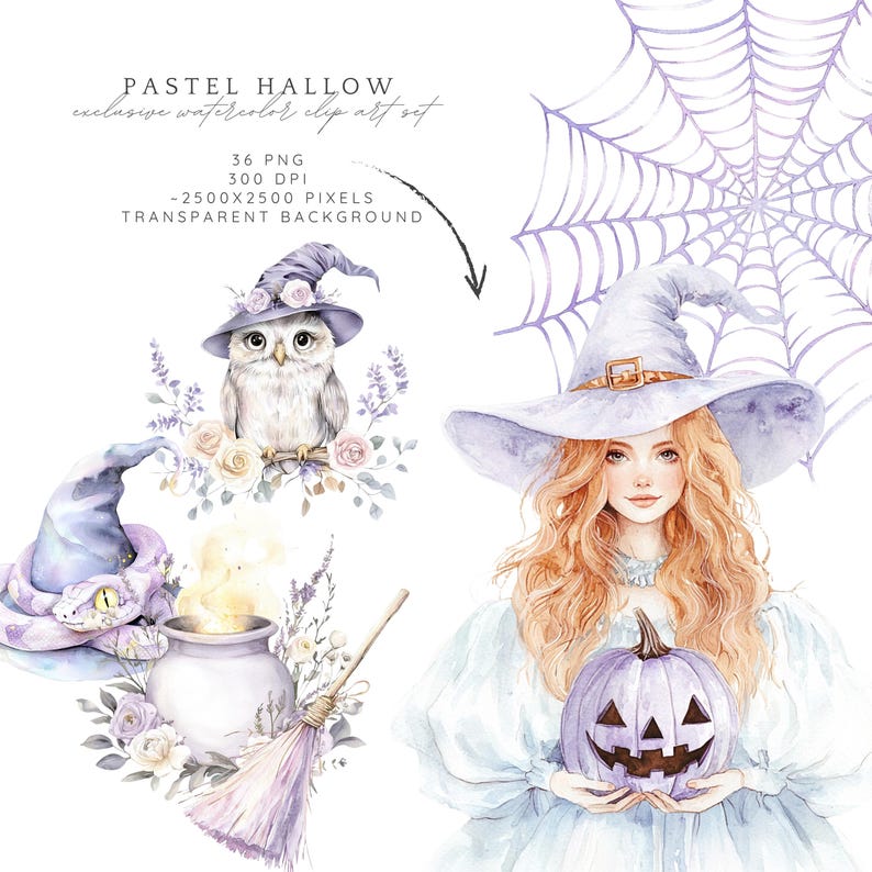 Watercolor Pastel Halloween Clipart, Floral Spooky Halloween Clip Art ...