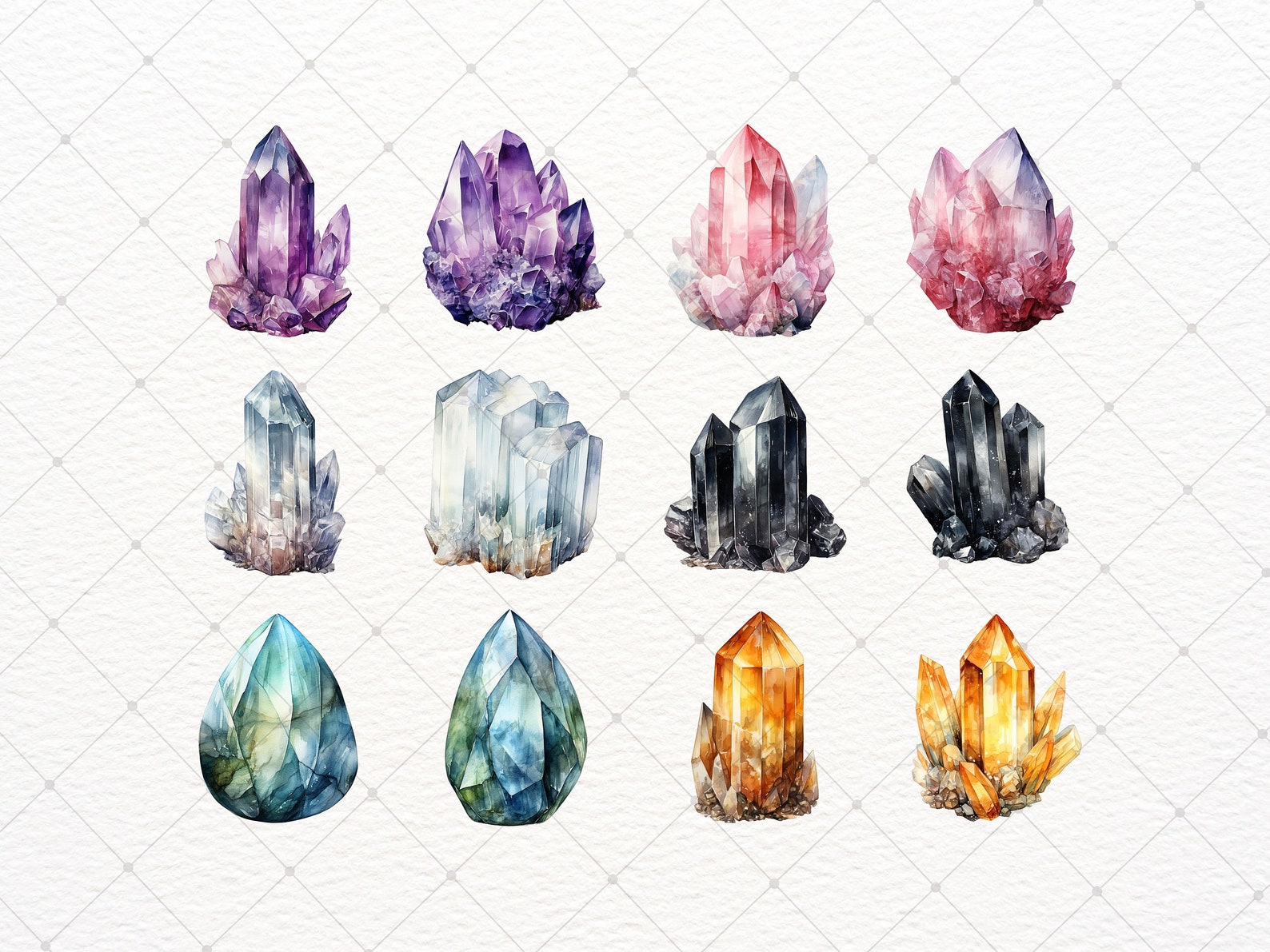 Watercolor Crystals Gemstones Clip Art, Crystals and Minerals PNG Bundle, Digital Download ...