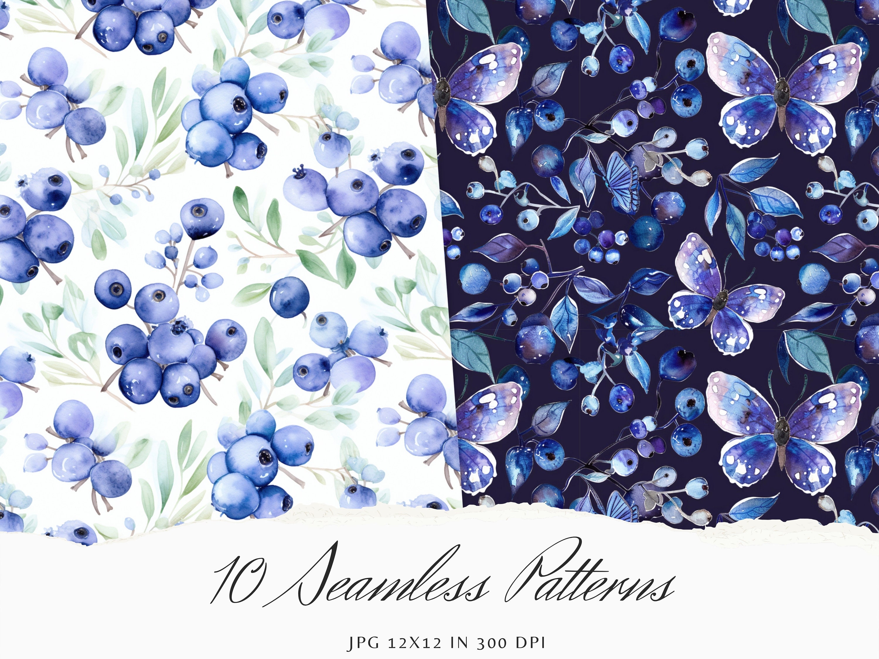 Watercolor Blueberry Garden Seamless Patterns,berries Pattern JPEG ...