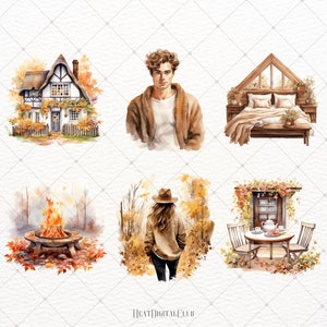 Watercolor Cozy Fall Cottage Living Clipart, Romantic Autumn ...