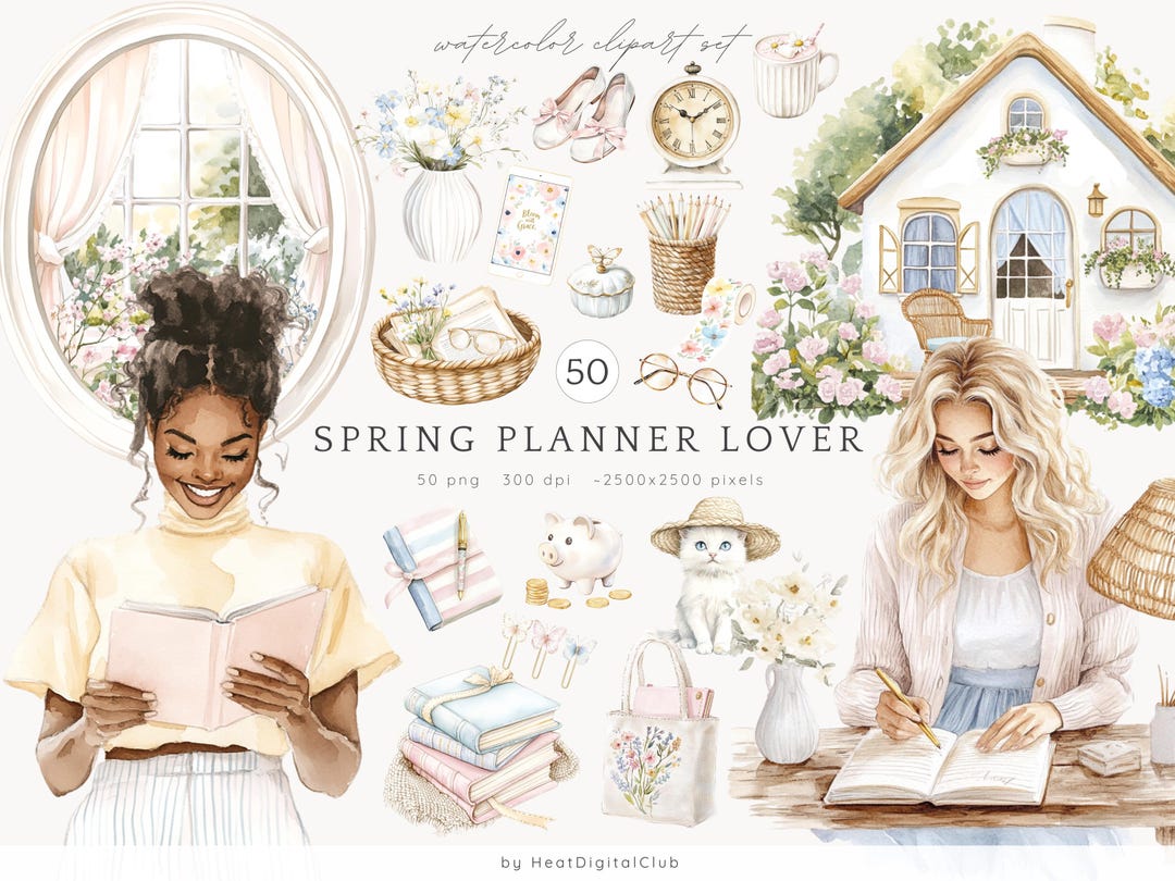 Watercolor Spring Planner Lover Clipart, Planner Clip Art, Planner Girl ...