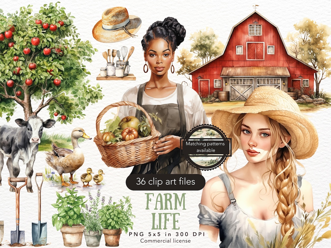 Watercolor Farm Life Clipart Bundle, Farmhouse Clip Art, Farm Animals ...