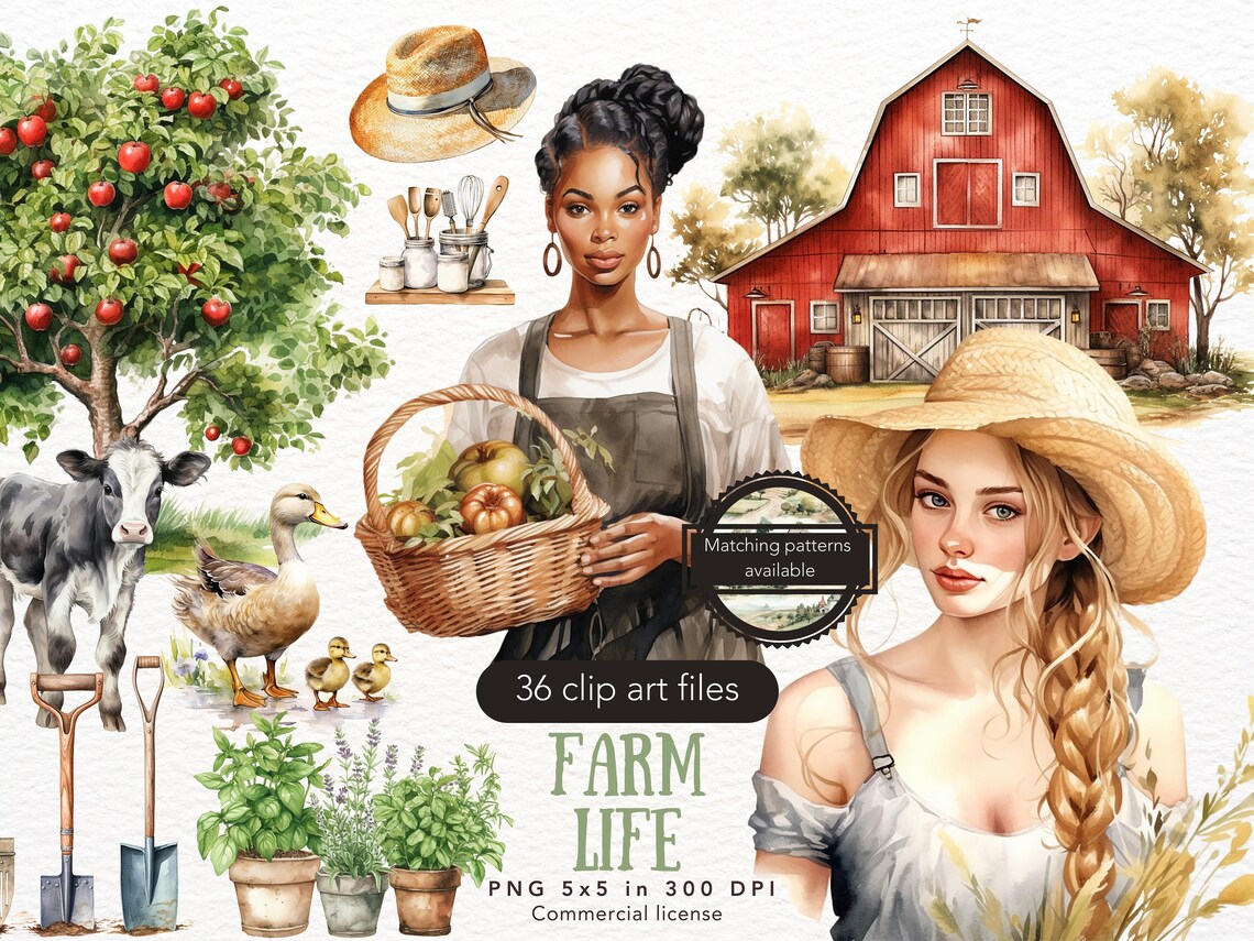 Watercolor Farm Life Clipart Bundle, Farmhouse Clip Art, Farm Animals ...