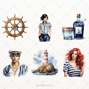 Watercolor Nautical Aesthetics Clipart, Romantic Navy PNG Bundle ...