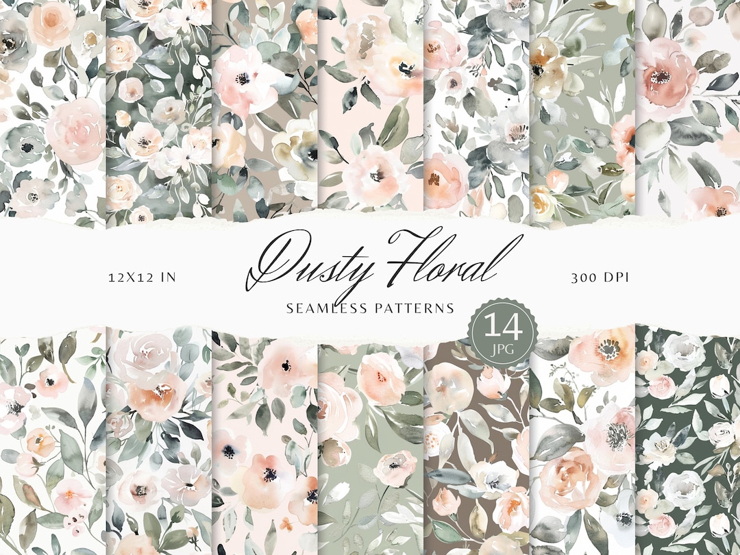 Watercolor Dusty Floral Seamless Patterns, Sage Green Flowers JPEG ...