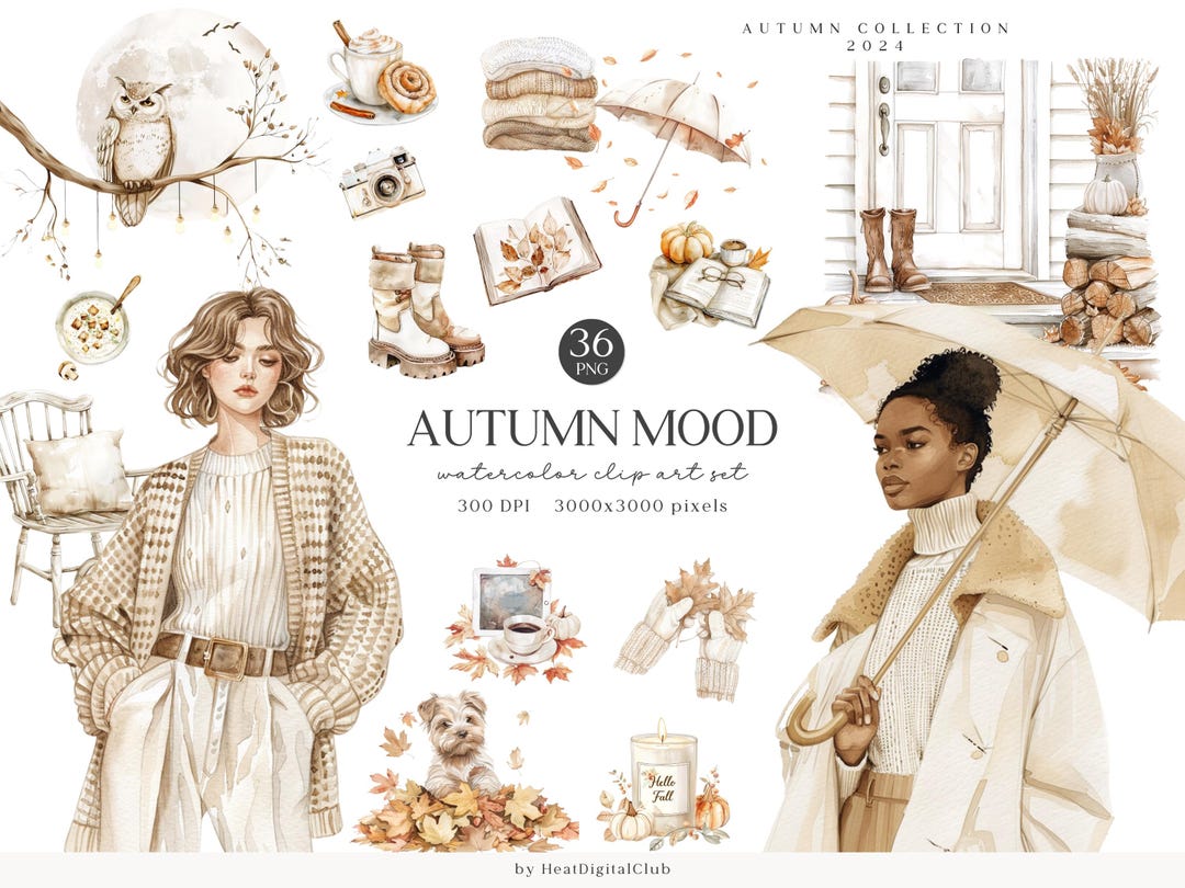 Watercolor Autumn Mood Clipart Bundle, Fall Clipart PNG, Neutral Cozy ...
