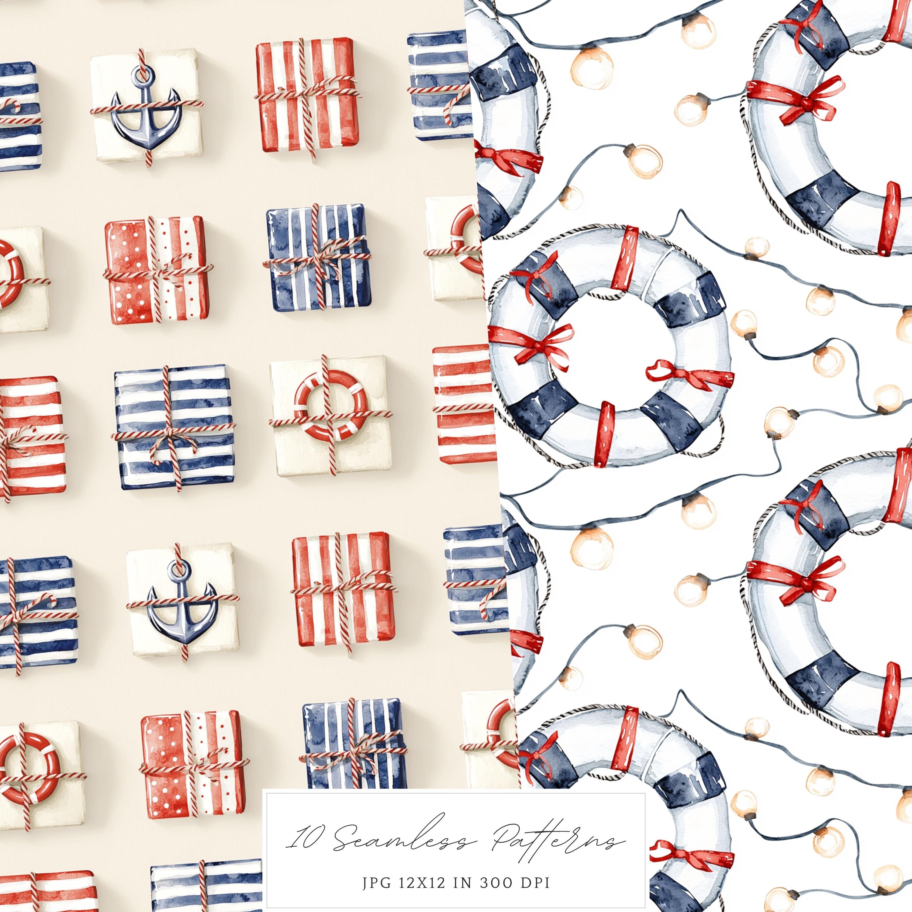 Watercolor Nautical Noel Seamless Patterns, Winter Christmas JPEG ...