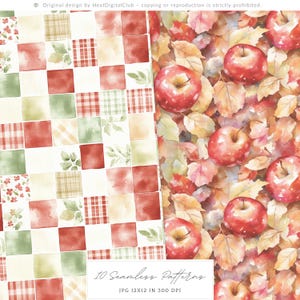 Watercolor Falling Apples Seamless Patterns, Cozy Autumn Gingham ...