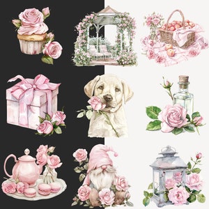 Watercolor Rose Garden Clipart Bundle, Pink Roses Clip Art, Summer ...