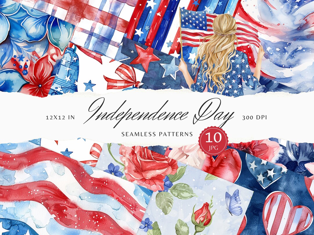 Watercolor Independence Day Seamless Patterns, 4th of July JPEG ...