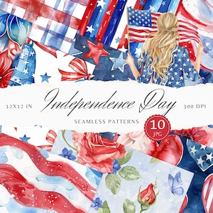 Watercolor Independence Day Seamless Patterns, 4th of July JPEG ...