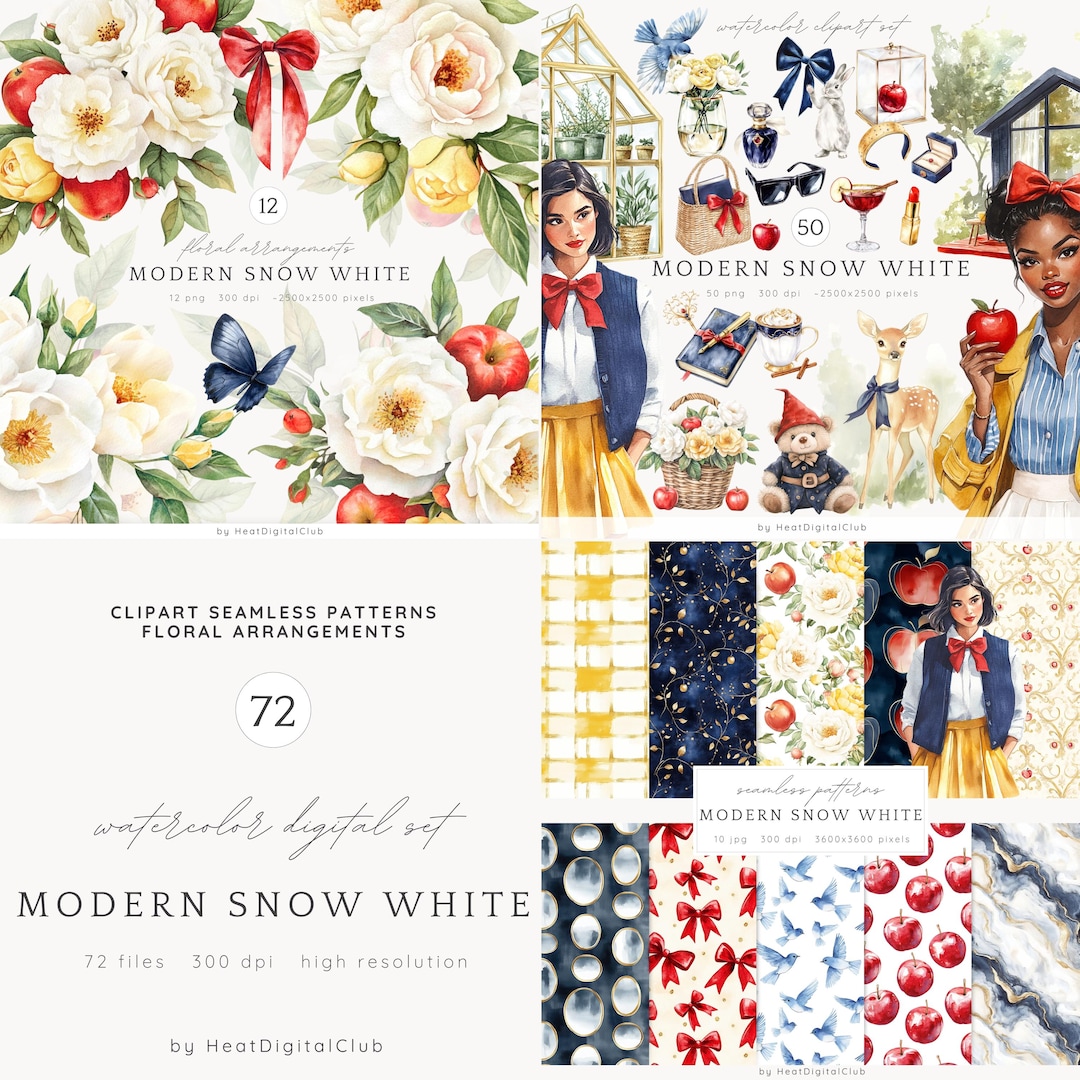 Watercolor Modern Snow White Clipart, Cottagecore Clip Art, Fantasy PNG ...