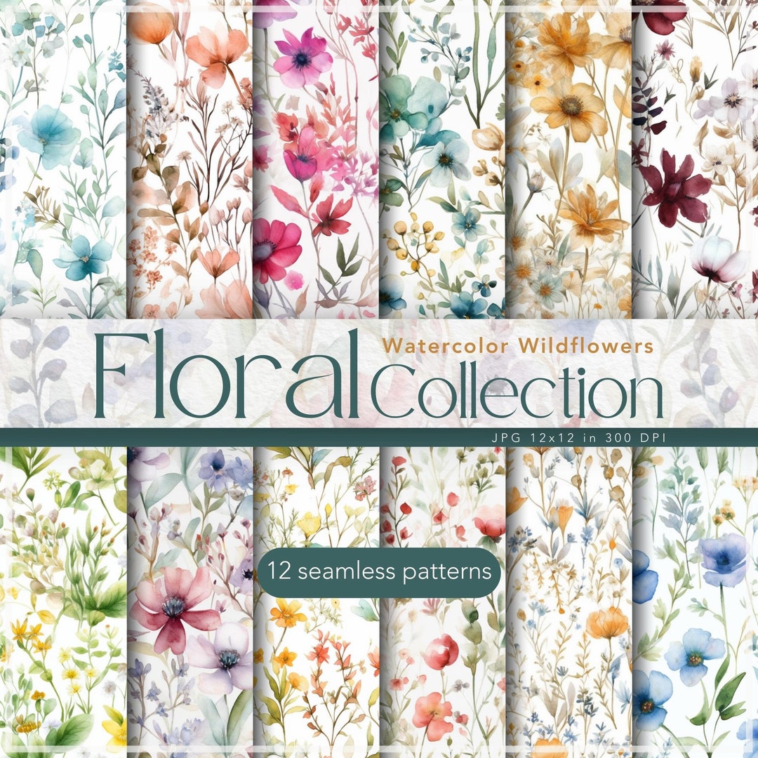 12 Seamless Watercolor Wildflowers Patterns JPEG Digital - Etsy