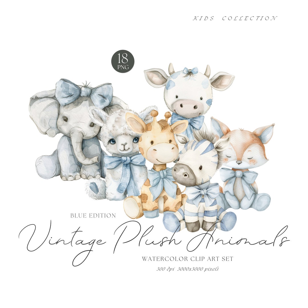 Watercolor Blue Vintage Plush Animals Clipart Bundle, Nursery Animal ...