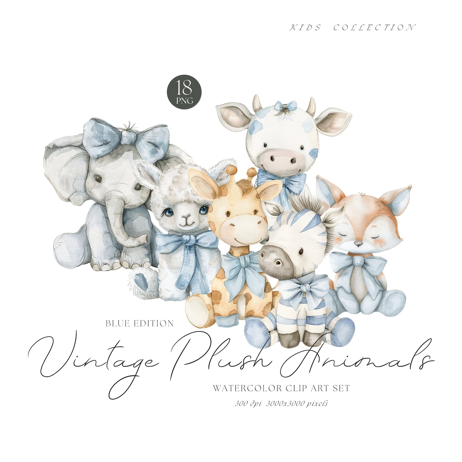 Watercolor Blue Vintage Plush Animals Clipart Bundle, Nursery Animal ...