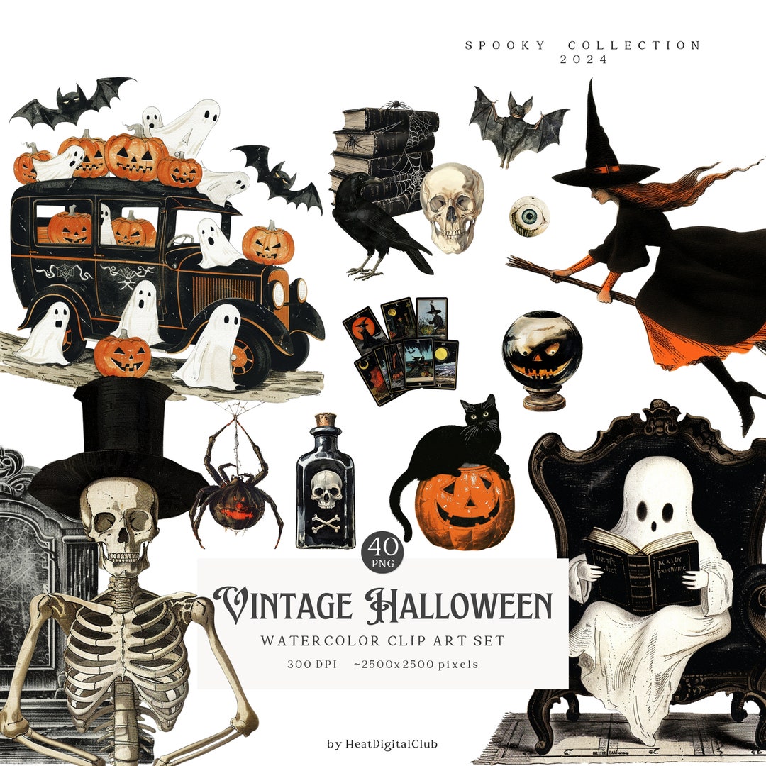 Vintage Creepy Halloween Clipart, Old Style Antique Halloween Clip Art ...