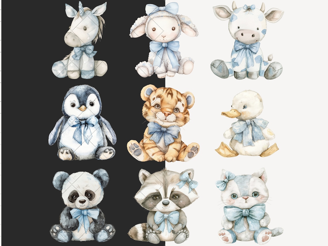 Watercolor Blue Vintage Plush Animals Clipart Bundle, Nursery Animal ...