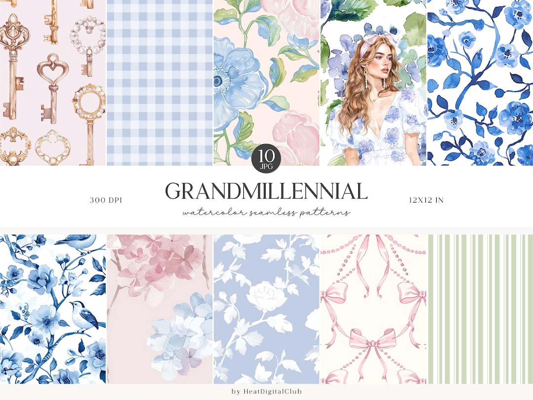 Watercolor Grandmillennial Seamless Patterns, Pastel Floral JPEG ...
