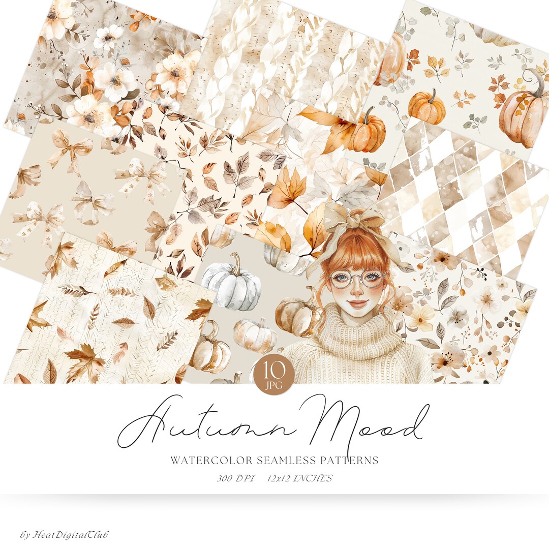 Watercolor Autumn Mood Seamless Patterns, Cozy Neutral Fall Pattern ...