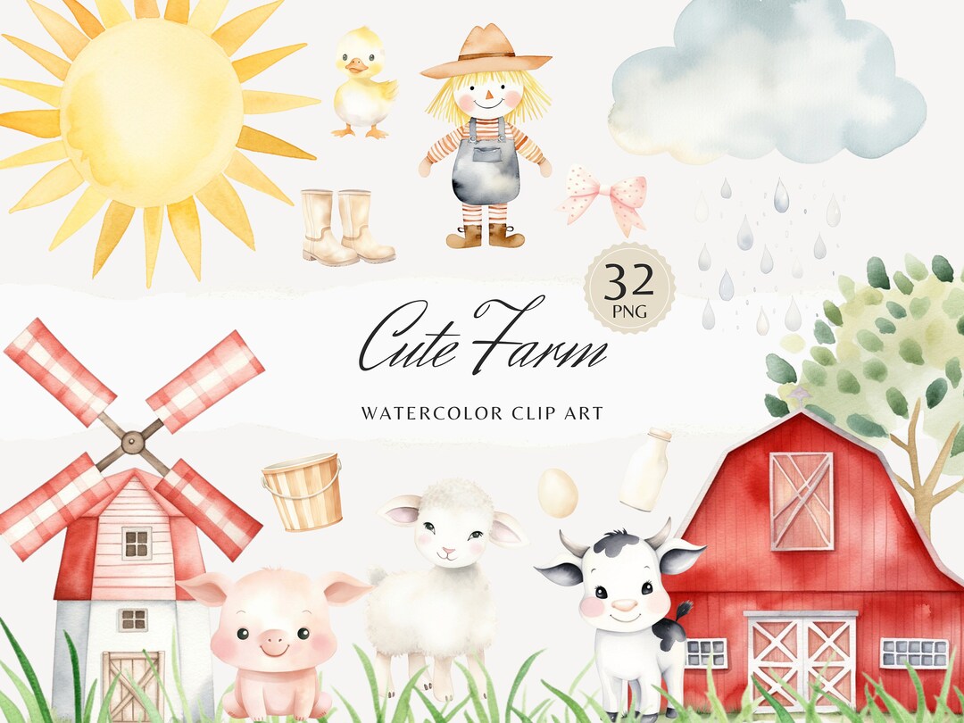 Watercolor Cute Farm Clipart Bundle, Funny Farm Animals Digital Clip ...