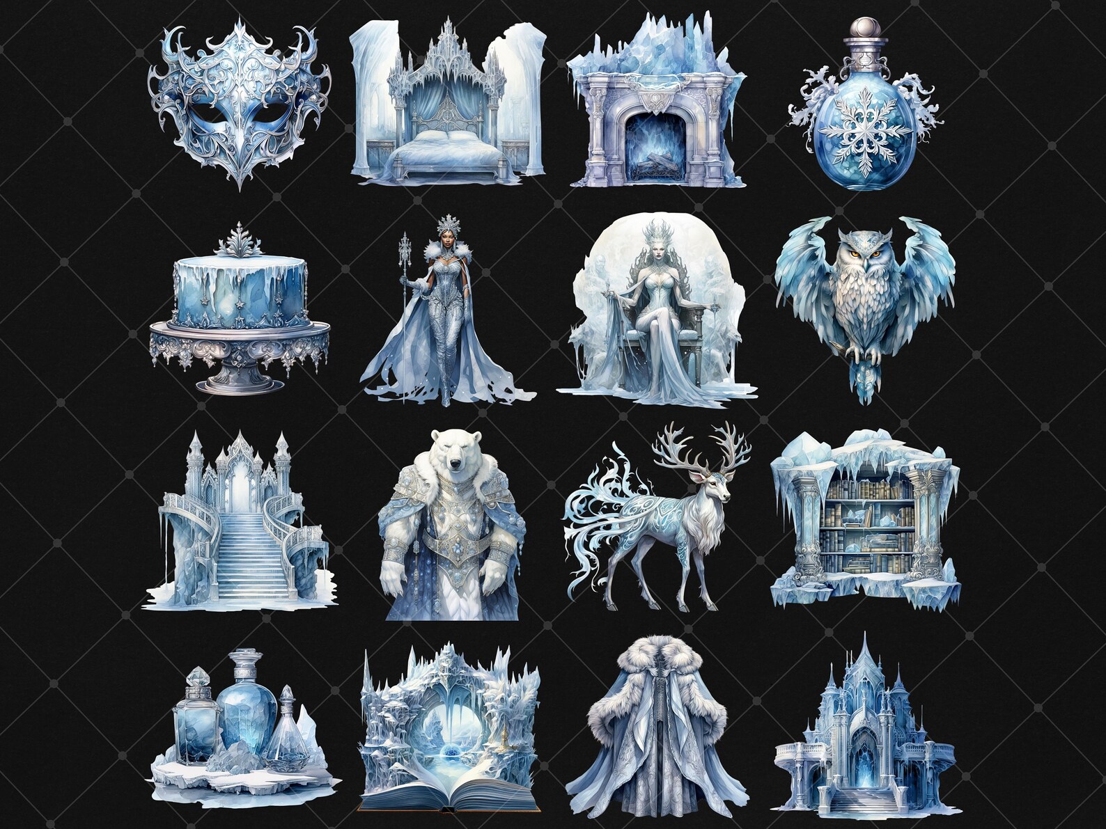 Watercolor Winter Ice Queen Clipart Bundle PNG, Magical Winter ...