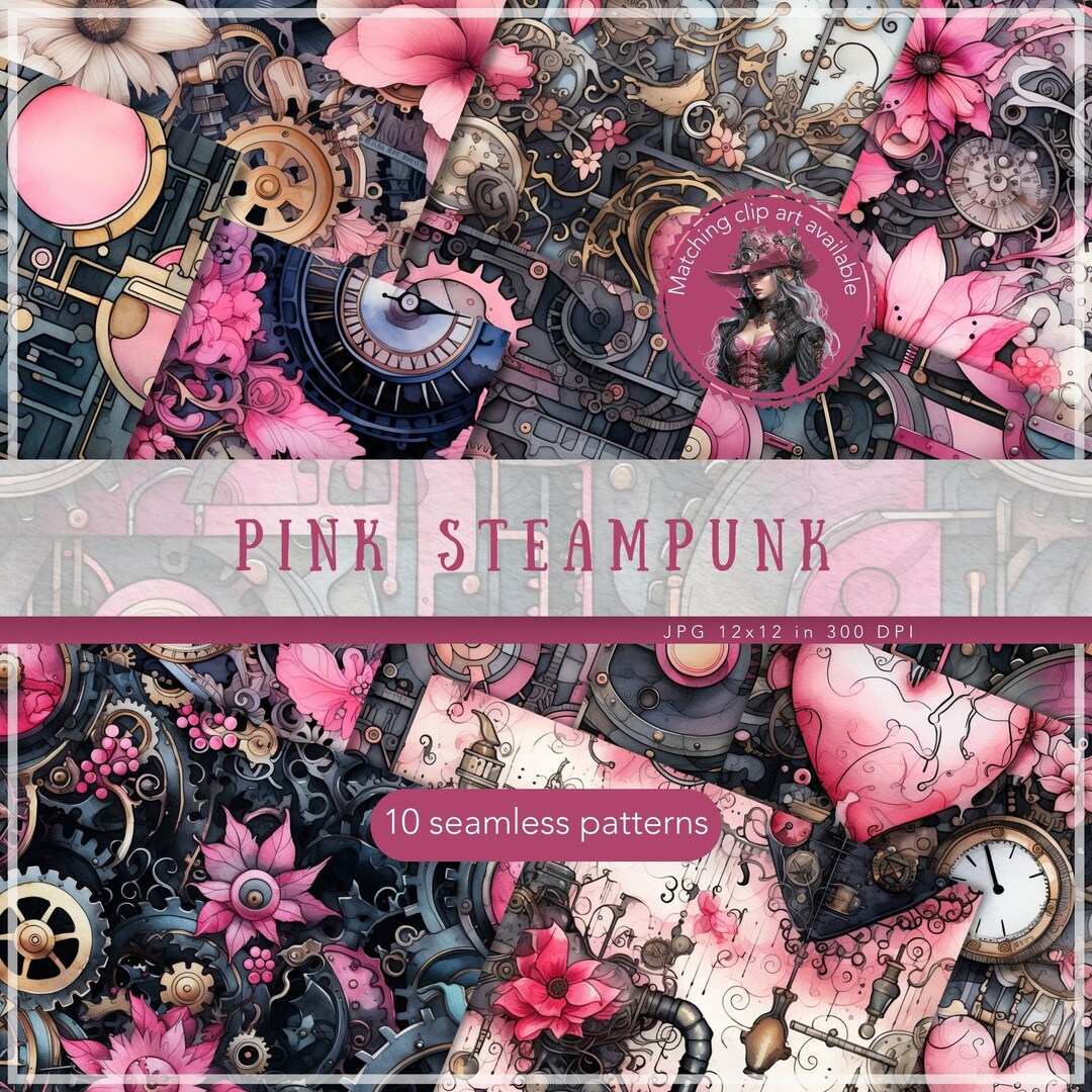 10 Seamless Watercolor Pink Steampunk Patterns, Floral JPEG, Gears ...
