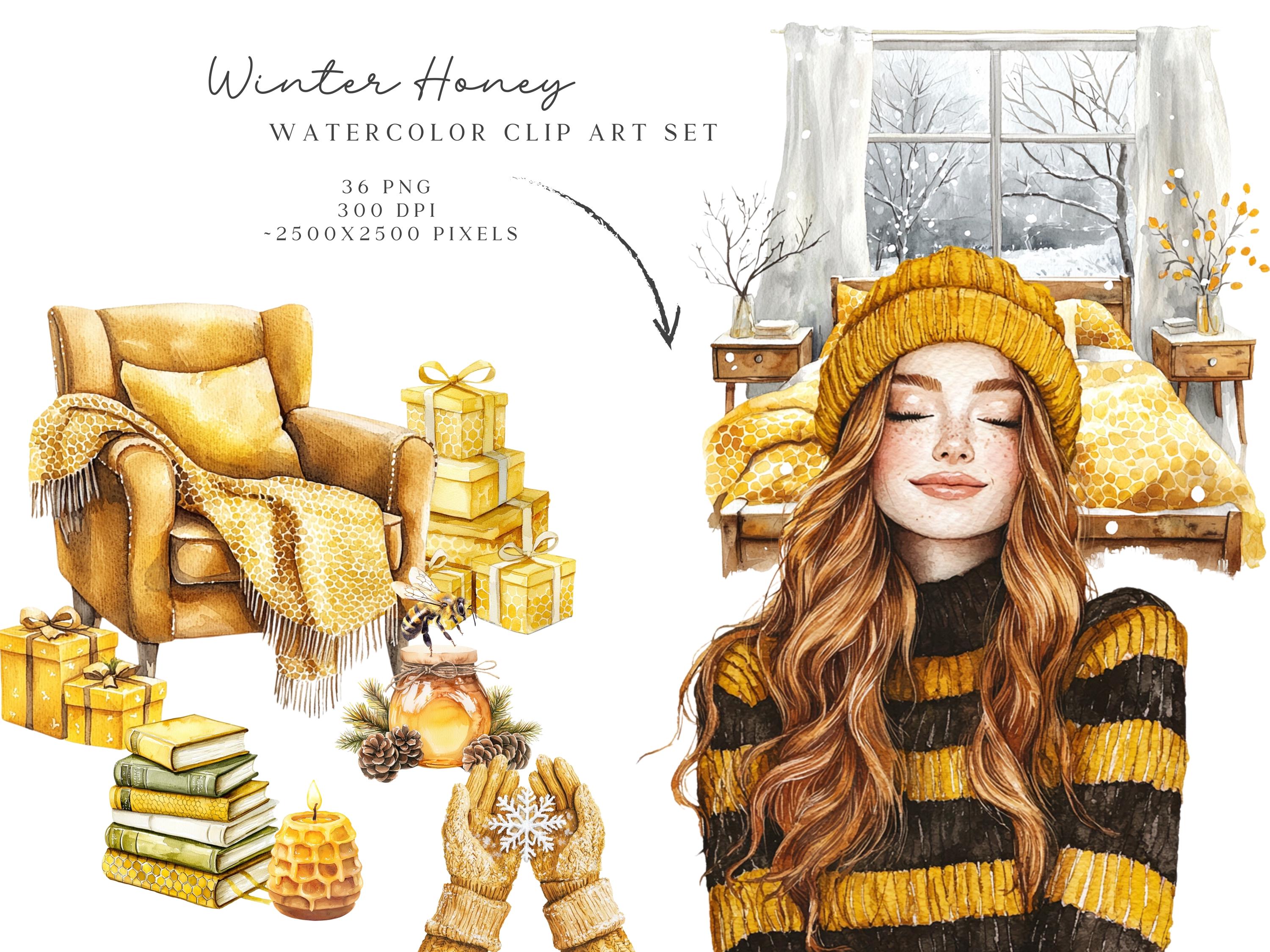 Watercolor Winter Honey Clipart,cozy Winter Cottagecore Clip Art PNG ...