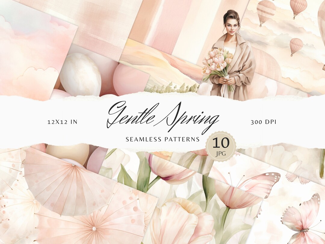 Watercolor Gentle Spring Seamless Patterns, Floral Pattern JPEG, Neutral Beige Digital Download ...