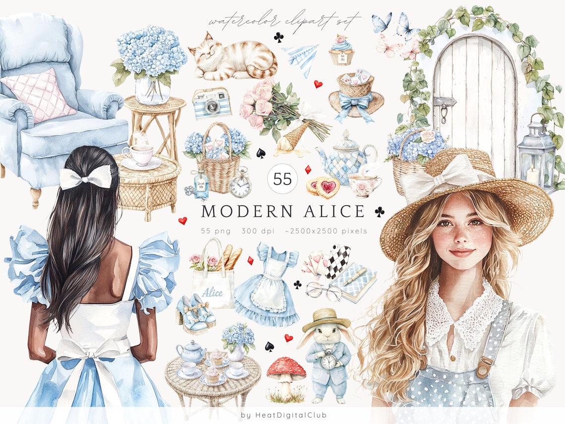 Watercolor Modern Alice Clipart, Alice in Wonderland Clip Art, Alice ...