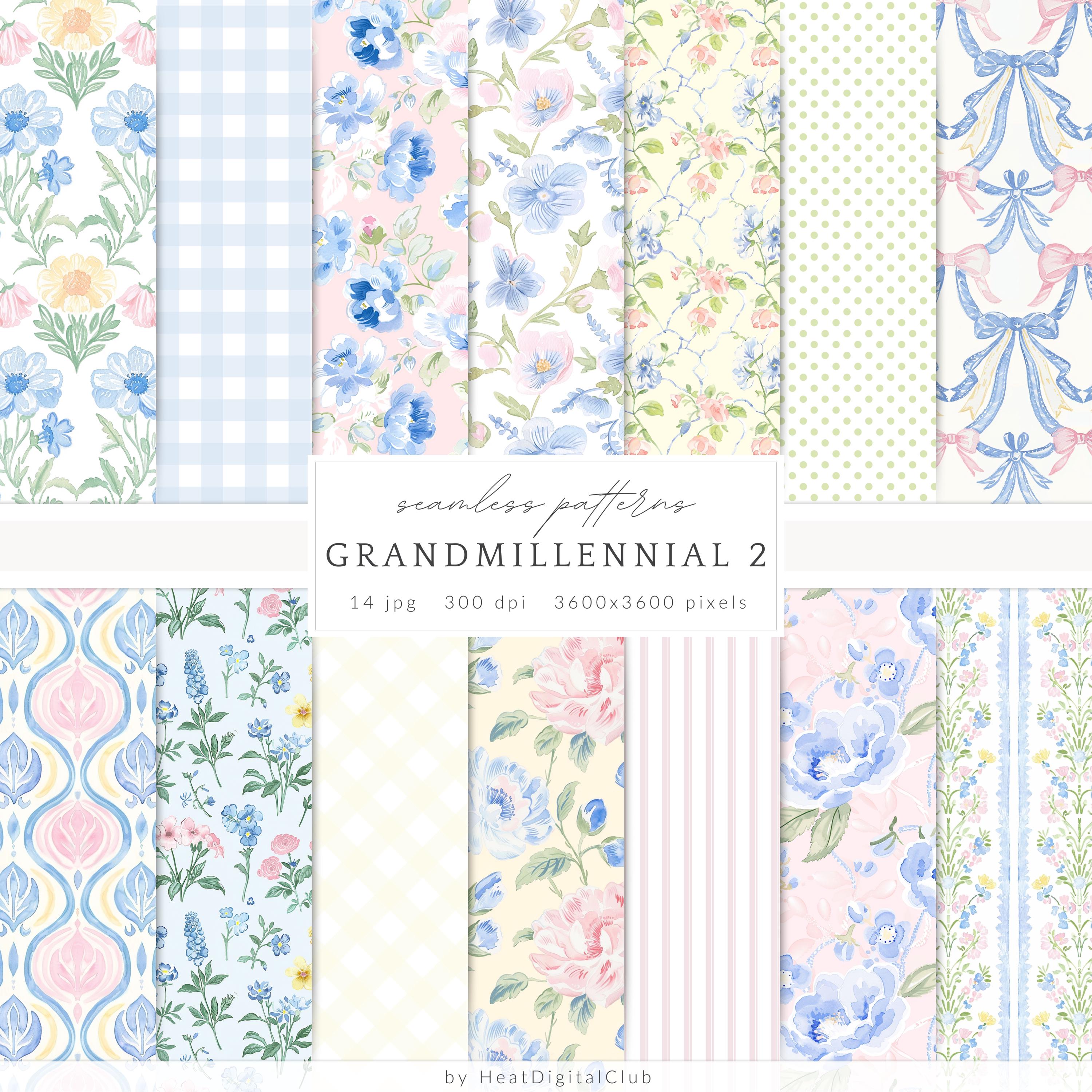 Watercolor Grandmillennial Seamless Patterns, Pastel Floral JPEG ...