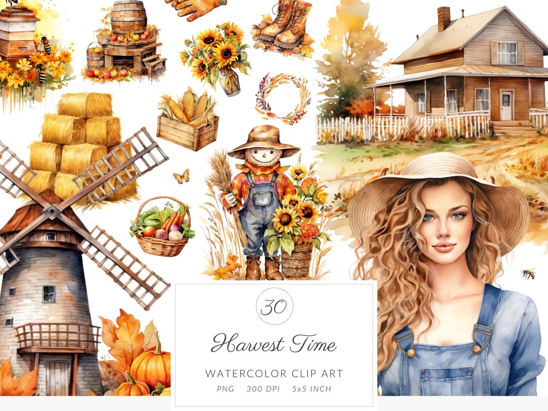 Watercolor Harvest Time Fall Clipart, Romantic Autumn Farm PNG Bundle ...