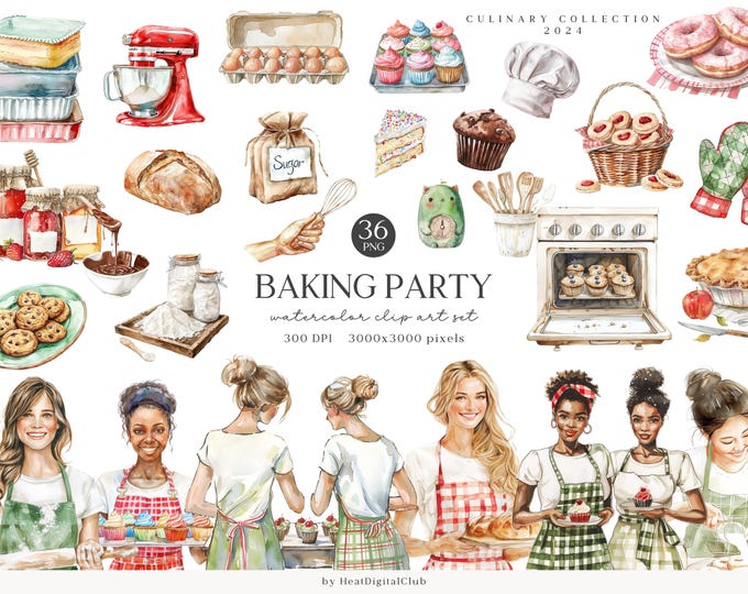 Watercolor Baking Supplies Clipart Bundle, Baker Girl Cooking Png ...