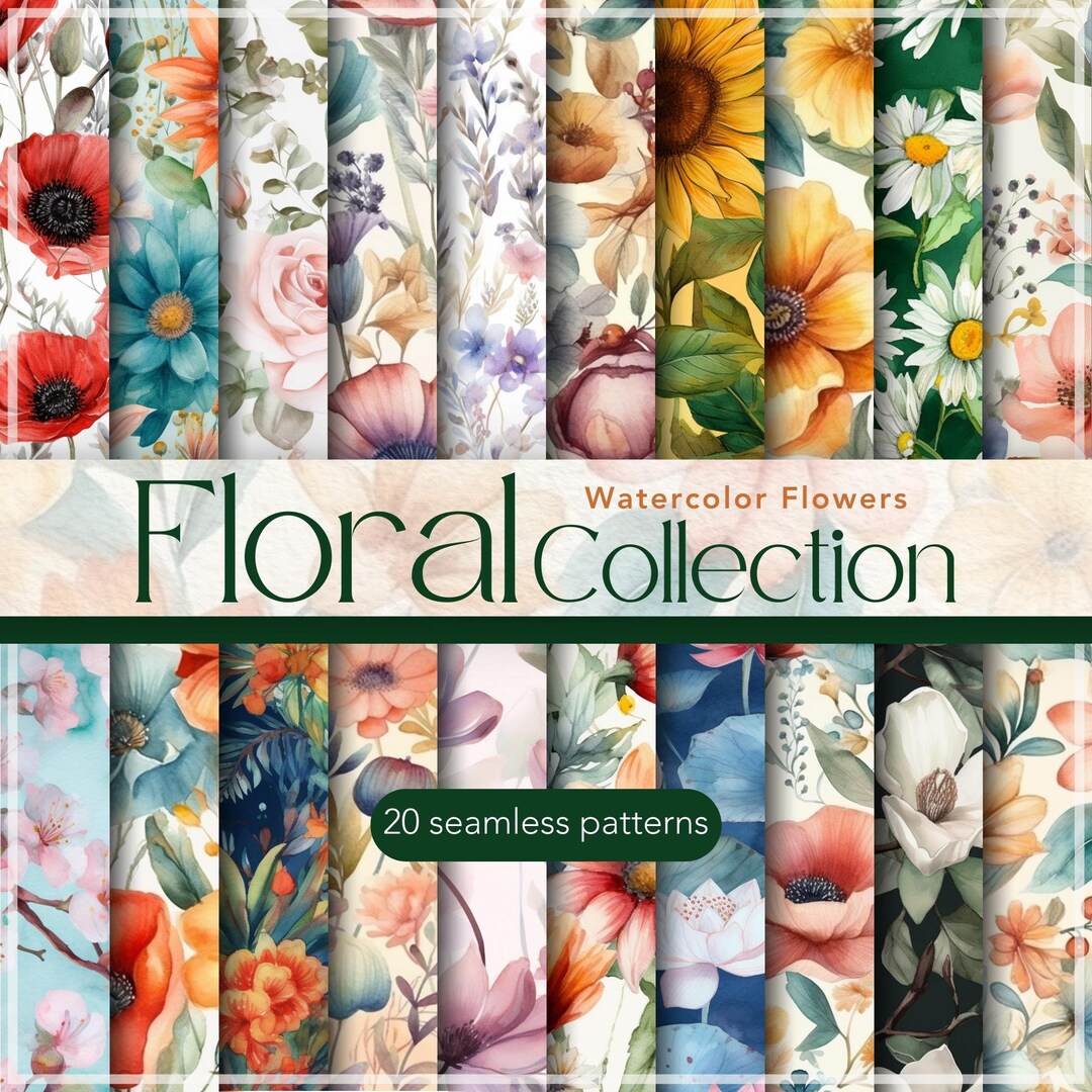 20 Seamless Watercolor Flower Patterns JPEG Digital Download Repeating ...