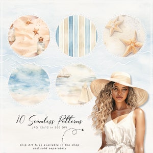Watercolor Ocean Lover Seamless Patterns, Beach Pattern JPEG, Neutral ...