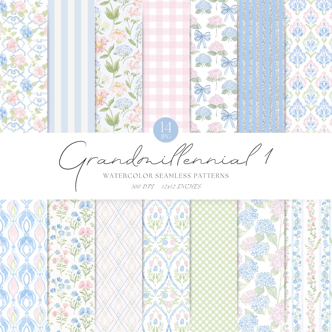 Watercolor Grandmillennial Seamless Patterns, Pastel Floral JPEG ...