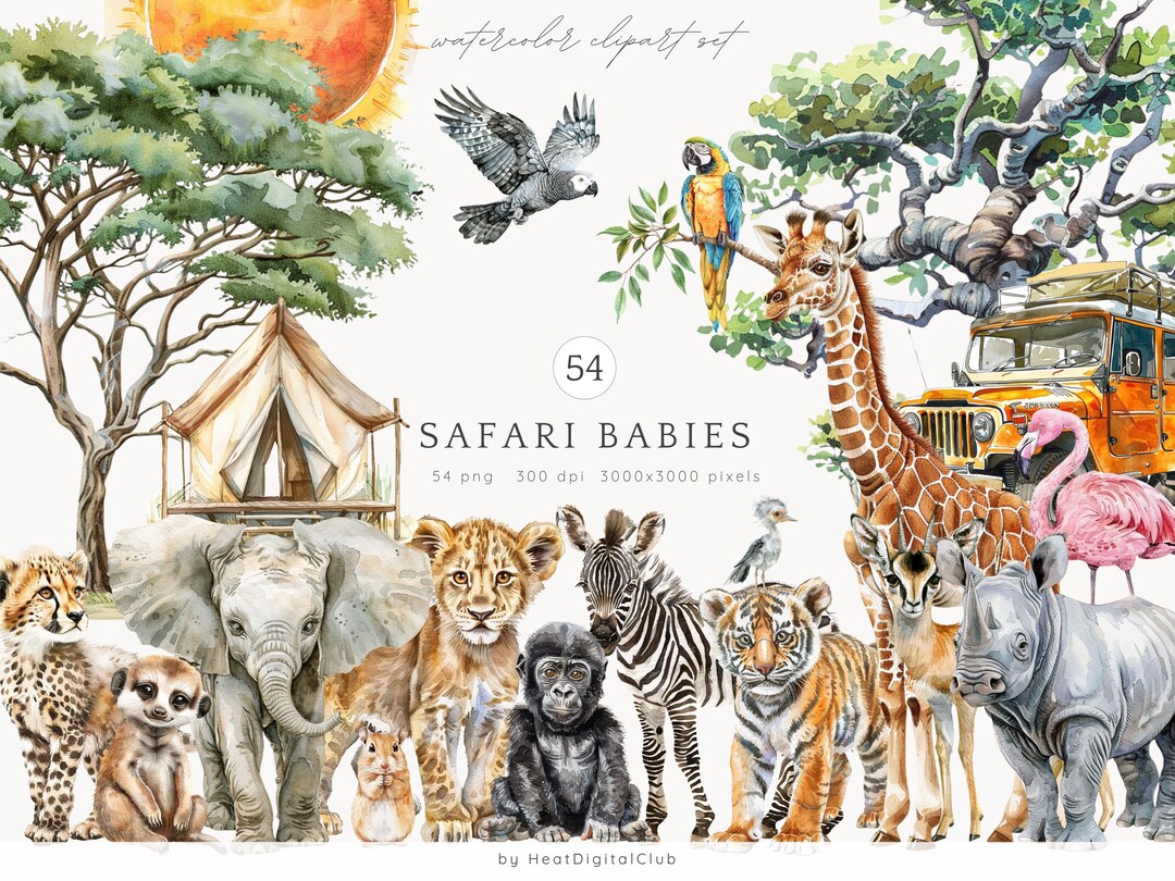 Watercolor Safari Babies Clipart Bundle, Safari Animals Clip Art ...