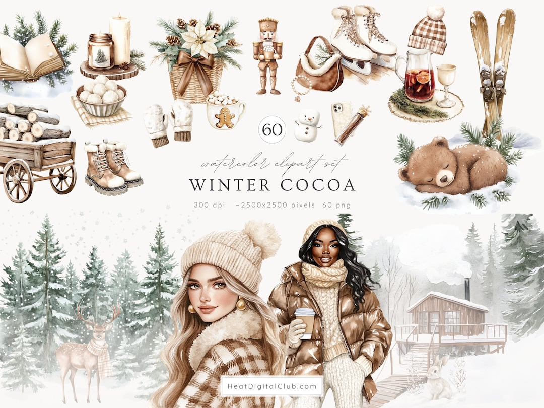 Watercolor Winter Cocoa Clipart Set | Elegant Cozy Winter Christmas PNG ...