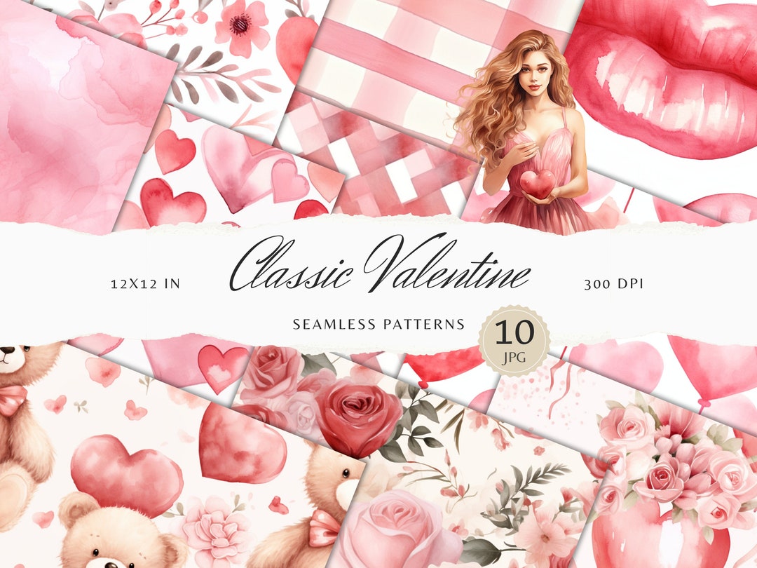 Watercolor Classic Valentine Seamless Patterns, Valentines Day JPG ...