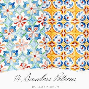 14 Seamless Watercolor Italian Tile Patterns, Mediterranean Digital ...