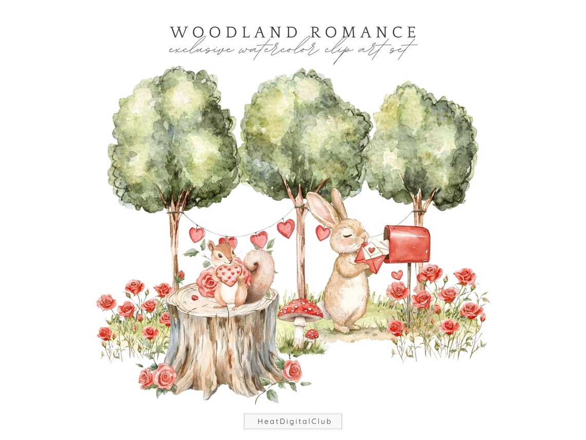 Watercolor Woodland Romance Clipart, Valentines Day Clip Art, Romantic ...