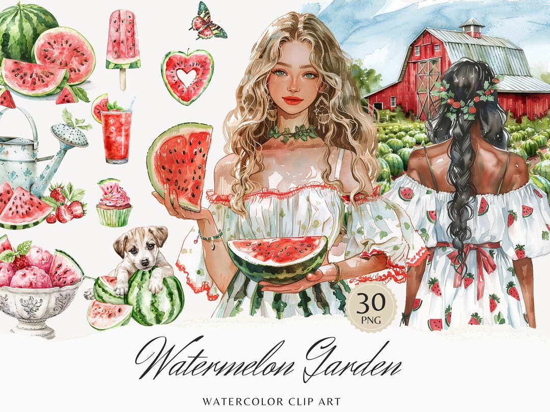 Watercolor Watermelon Garden Clipart Bundle, Fruit Clip Art, Summer ...