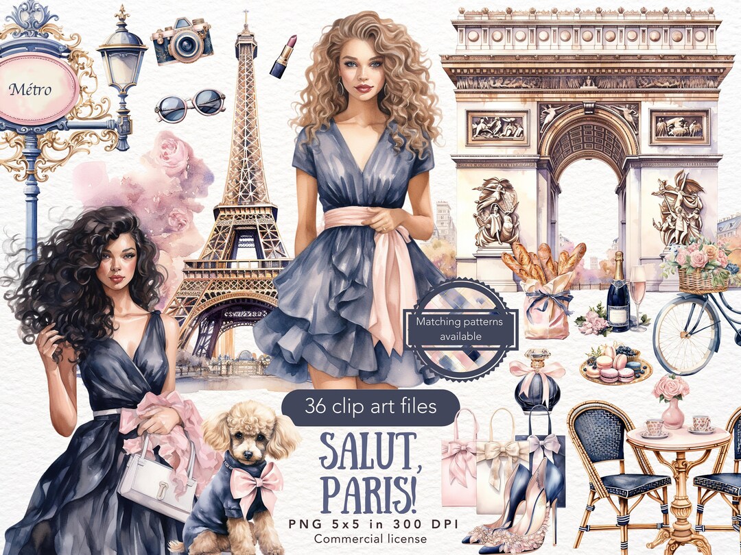 Watercolor Salut Paris Clipart Bundle, Eiffel Tower Clip Art, Croissant ...
