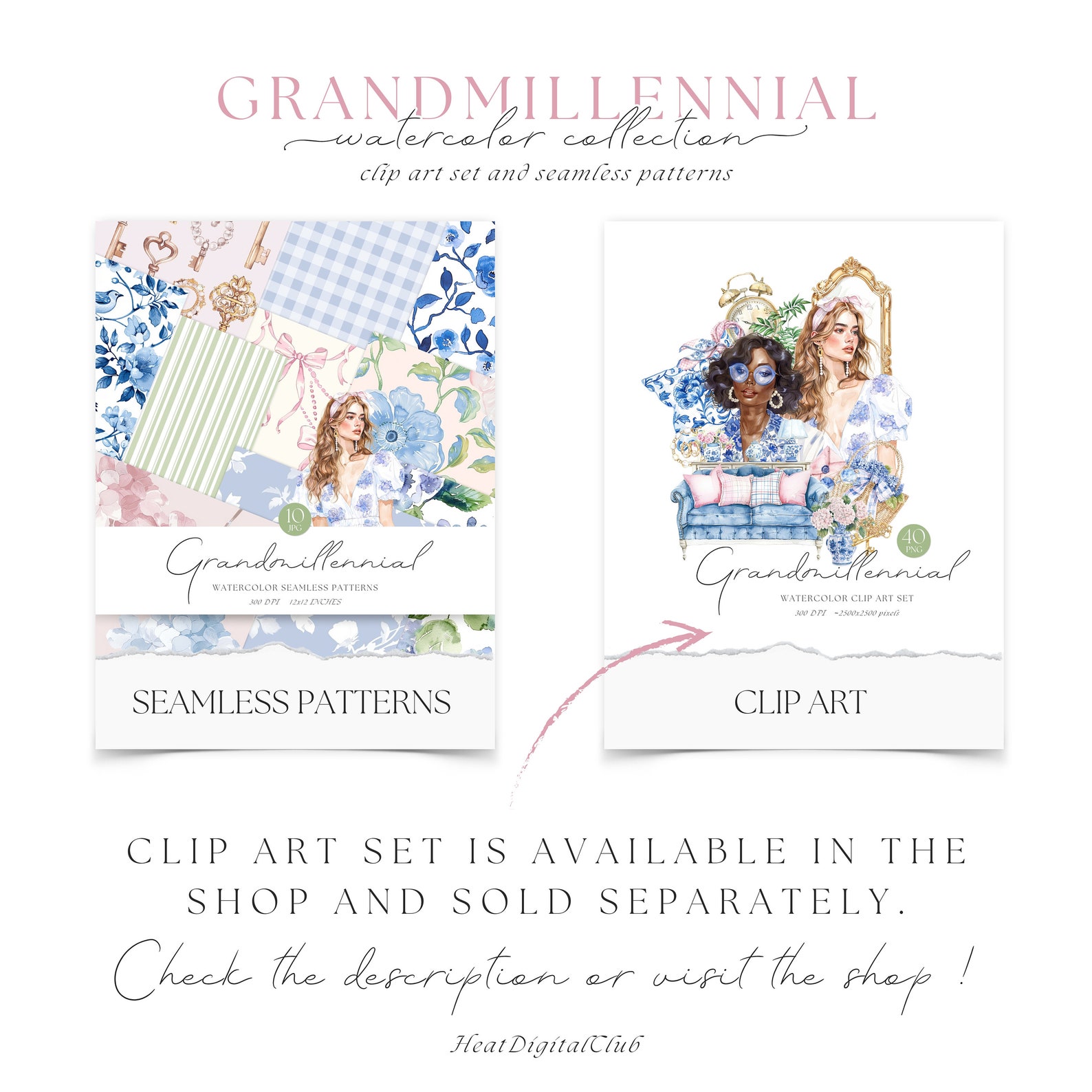 Watercolor Grandmillennial Seamless Patterns, Pastel Floral JPEG ...