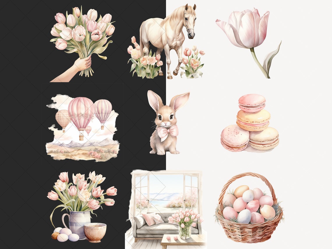 Watercolor Gentle Spring Clipart, Cozy Spring Clip Art, Tulips Graphics ...